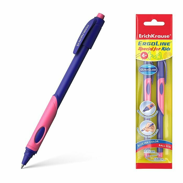 Шариковые ручки Erich Krause "ErgoLine", Kids, Stick&Grip Neon, 0,7, Super Glide Technology, синие, 2 шт