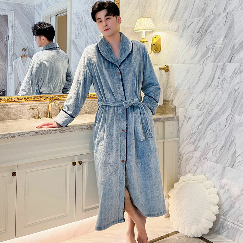 Теплая мужская ночная рубашка, утолщенная и удлиненная, с пуговицами, для мужчин, осень и зима, цельная пижама, с флисовой подкладкой, длинная домашняя одежда, больших размеров
