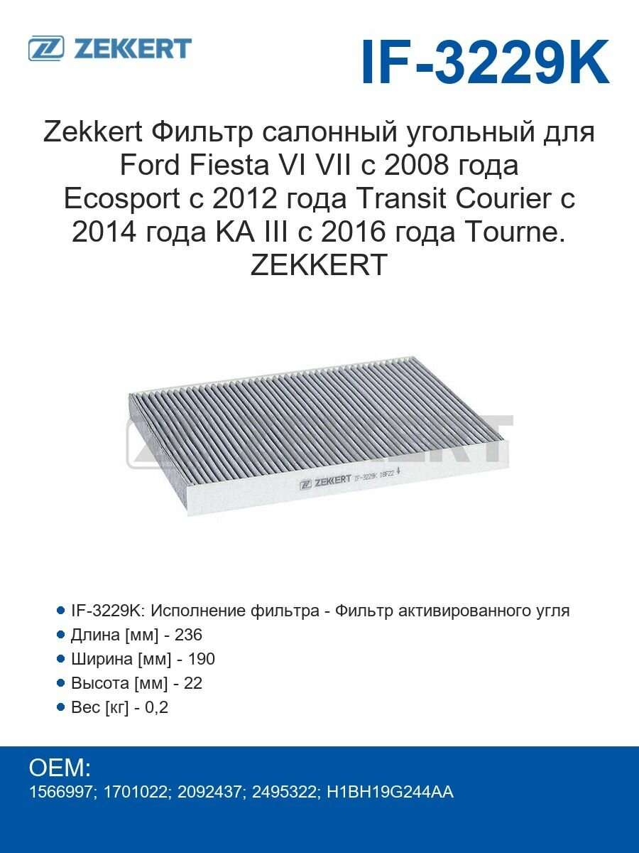 Zekkert Фильтр салонный угольный для Ford Fiesta VI VII с 2008 года Ecosport с 2012 года Transit Courier с 2014 года KA III с 2016 года Tourne. ZEKKERT