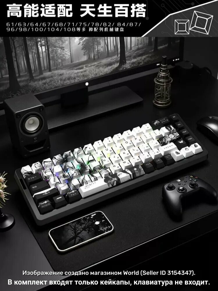 Кейкапы для механической клавиатуры Черно-белый Человек-бензопила Пауэр 135 шт PBT сублимационная печать профиль Cherry (в коробке)