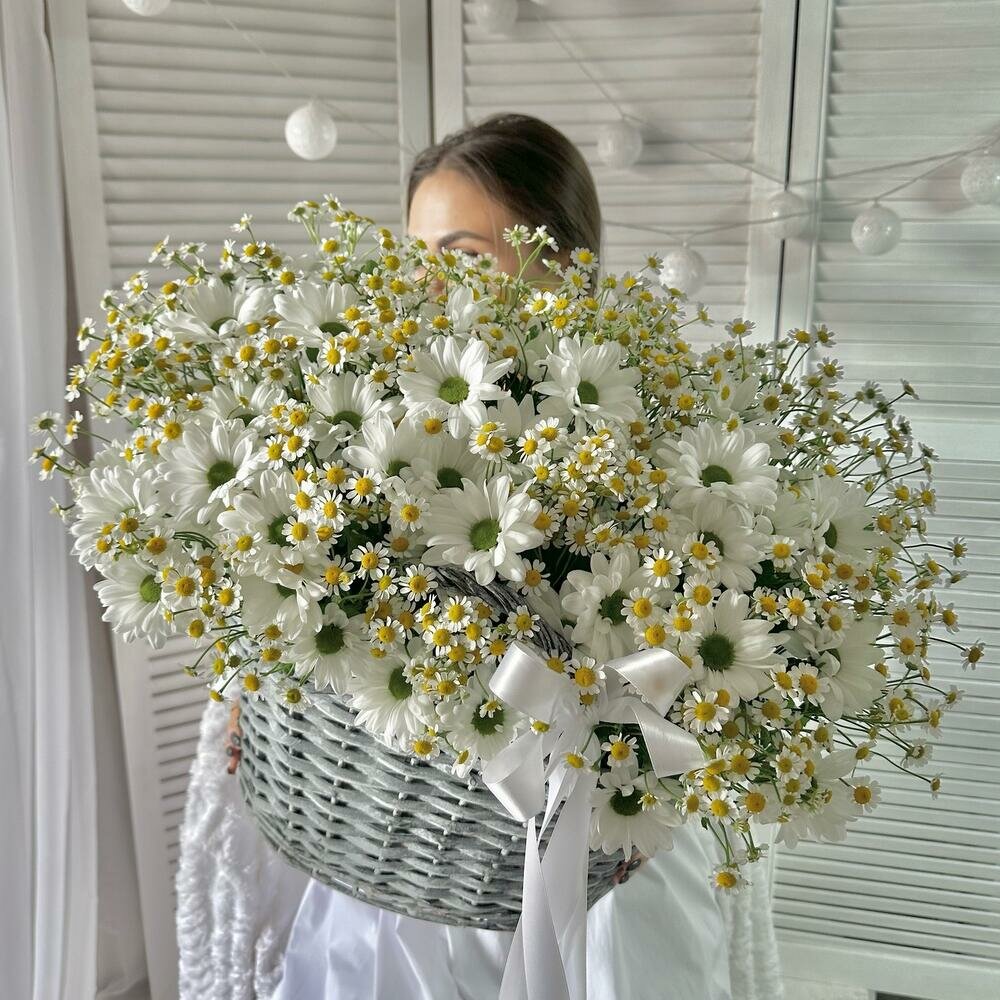 Корзина с цветами: ромашковая хризантема и полевые ромашки (матрикария)