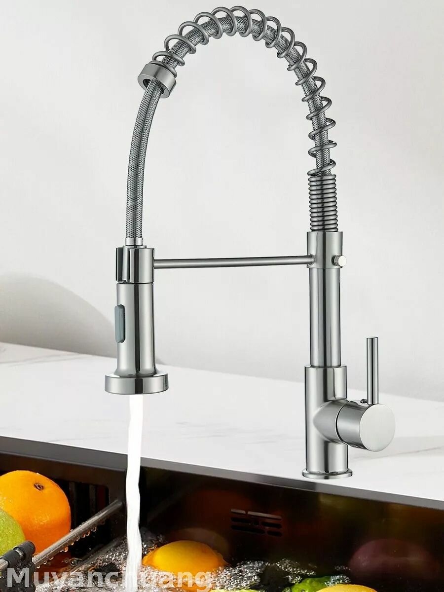 Кухонный смеситель с гибким изливом и регулируемой распылительной головкой / Однорычажный / Пружинный / Никель