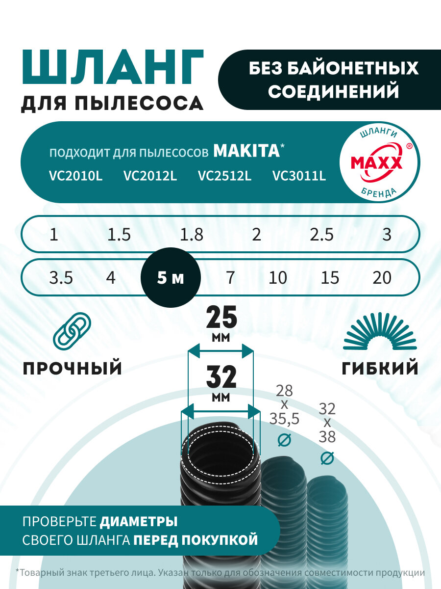 Шланг гибкий для пылесоса MAKITA VC2010L, 2012L, 2512L, VC3011L 5 м