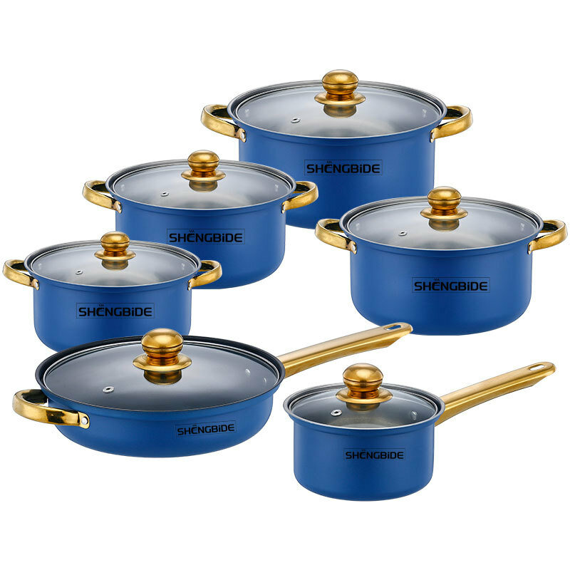 Набор синих кастрюль из нержавеющей стали с золотой ручкой, набор из шести предметов, суповый горшок, молочный горшок, сковорода вок, кухонная утварь, 12 шт.