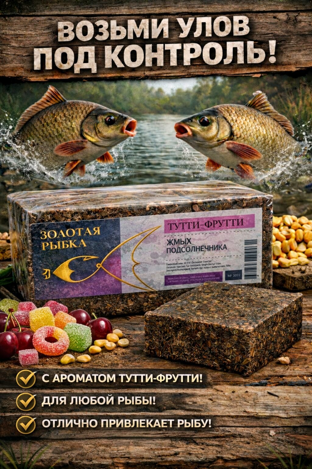 Жмых подсолнечника с отверстиями для крючка "Тутти-Фрутти" 10 кубиков / Прикормка для рыбалки