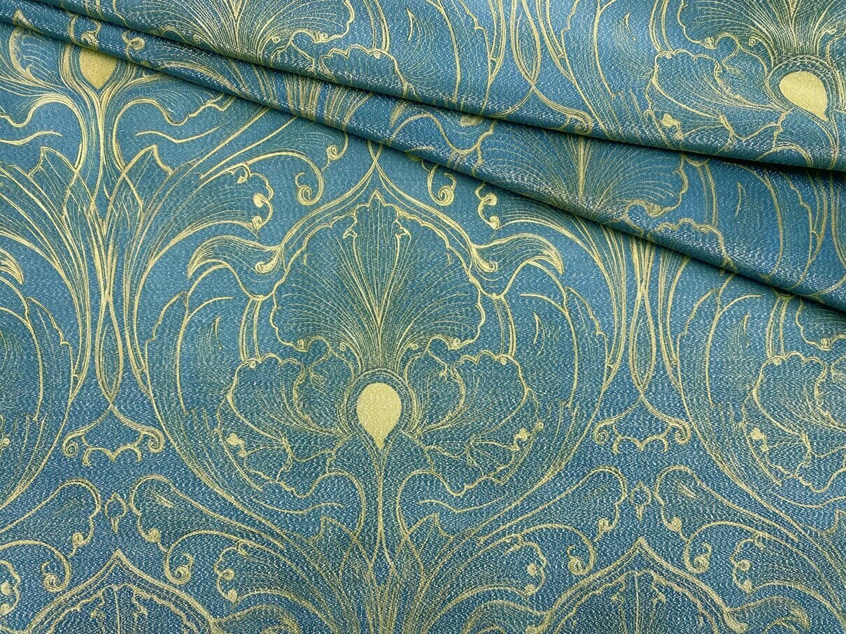 Ткань Муслин цвета морской волны с принтом золотой орнамент 14451