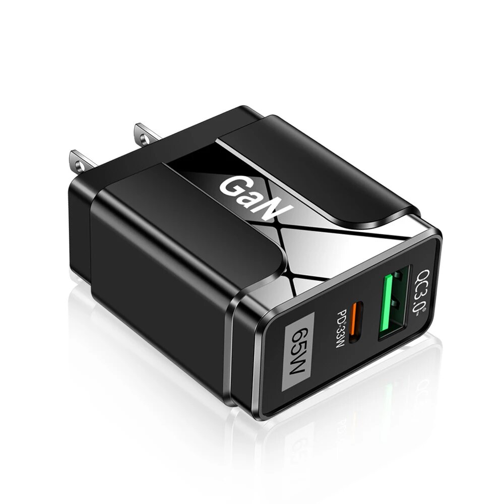 GaN зарядное устройство 65W с USB Type-C, PD33W, QC3.0, C US Plug Black