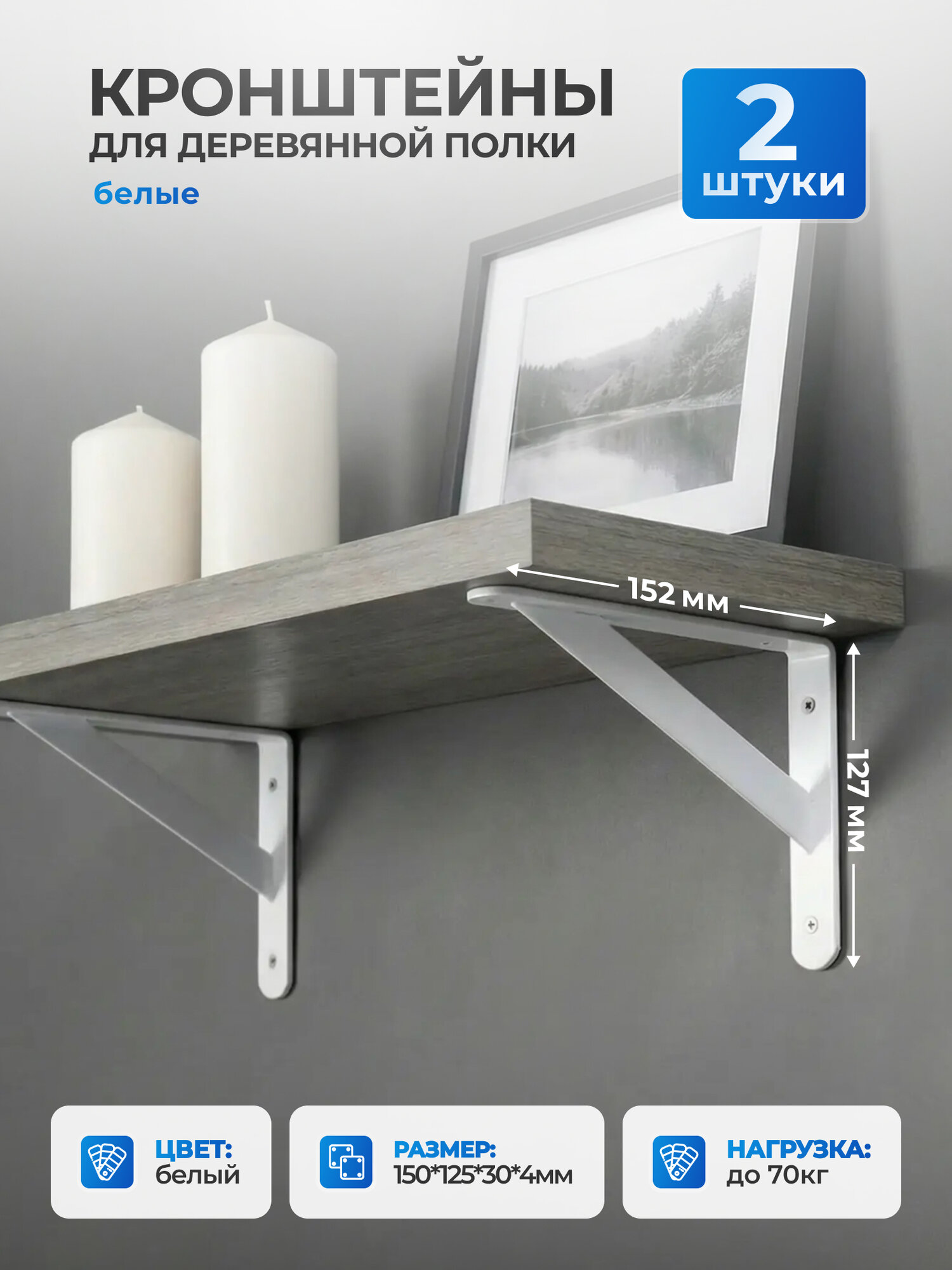 Кронштейны для полки LINE 2 шт на стену металл 150*125*30*4 мм