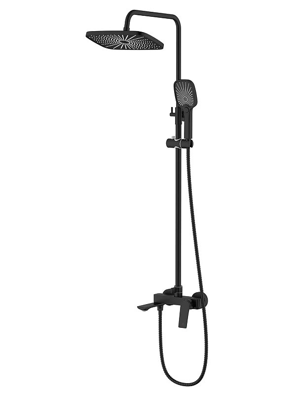 Душевая стойка AZARIO Lursy AZ-K2349B со смесителем, черная, матовая, душевая система с тропическим душем, с изливом, с лейкой, латунная, рычаг сбоку