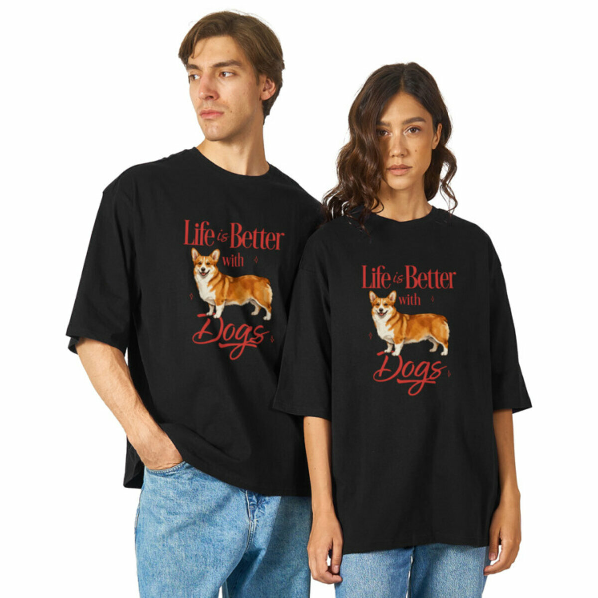 Футболка черная оверсайз «жизнь лучше с собакой корги собачник заводчик корж»