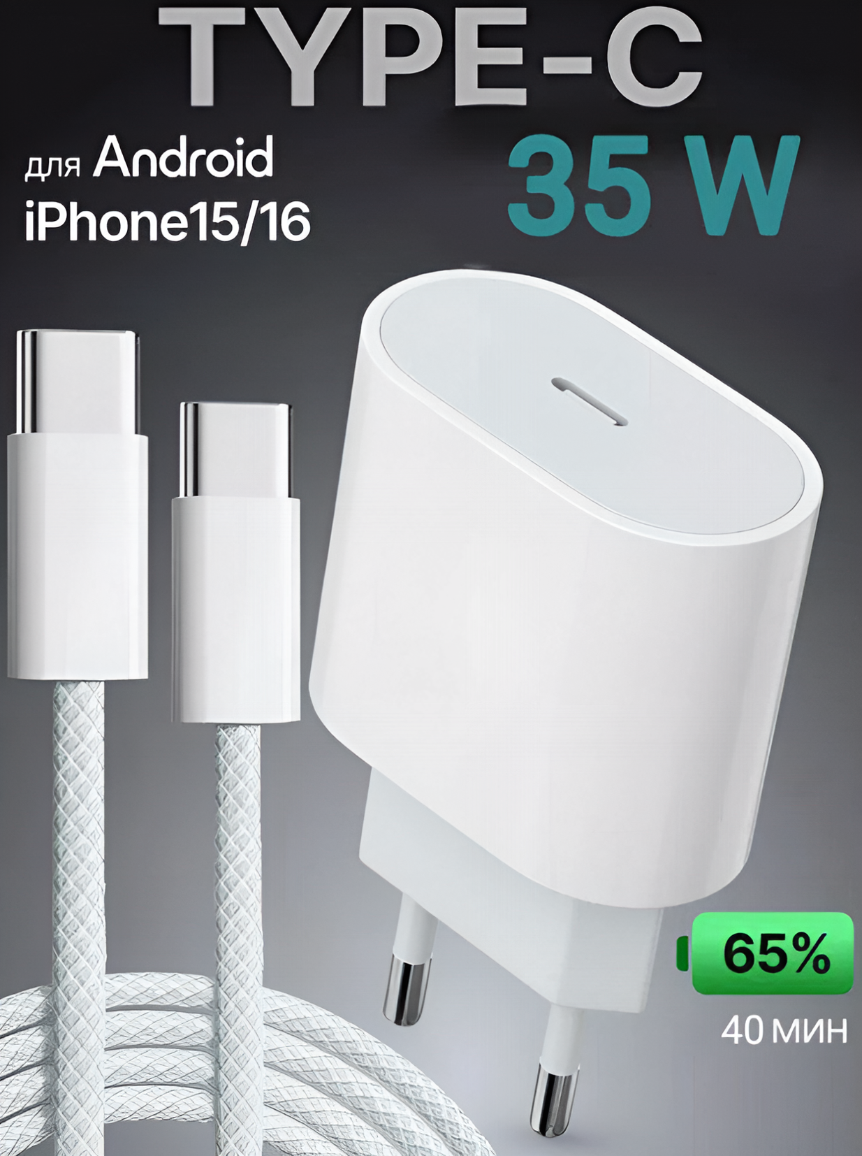 Зарядное устройство 35 Вт, для iPhone/ iPad/ AirPods/ Android/с кабелем USB Type C- USB Type C/Быстрая зарядка
