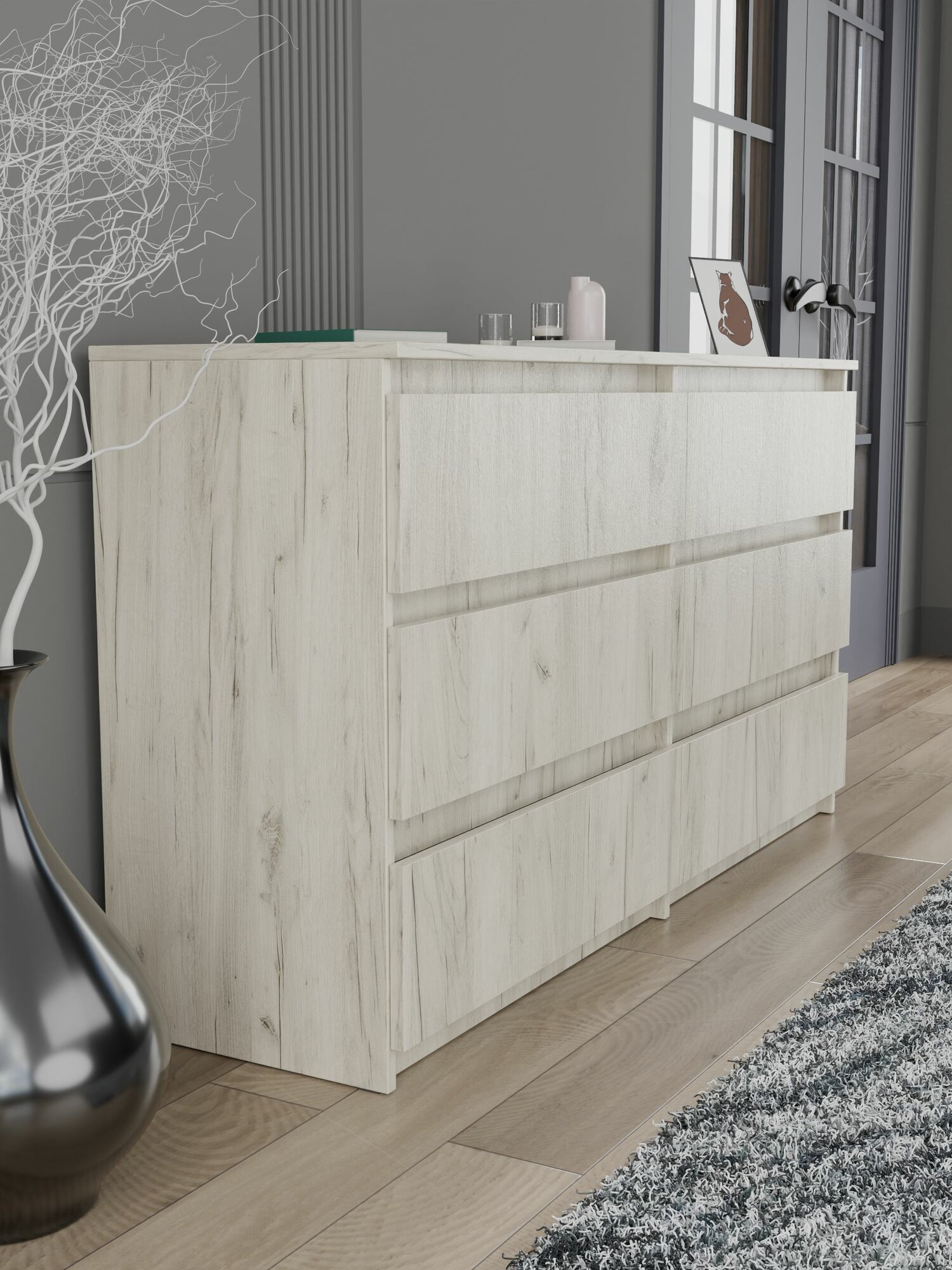 Комод для белья и одежды орлан 6 ящиков, 140х76.4х40 см, дуб крафт белый