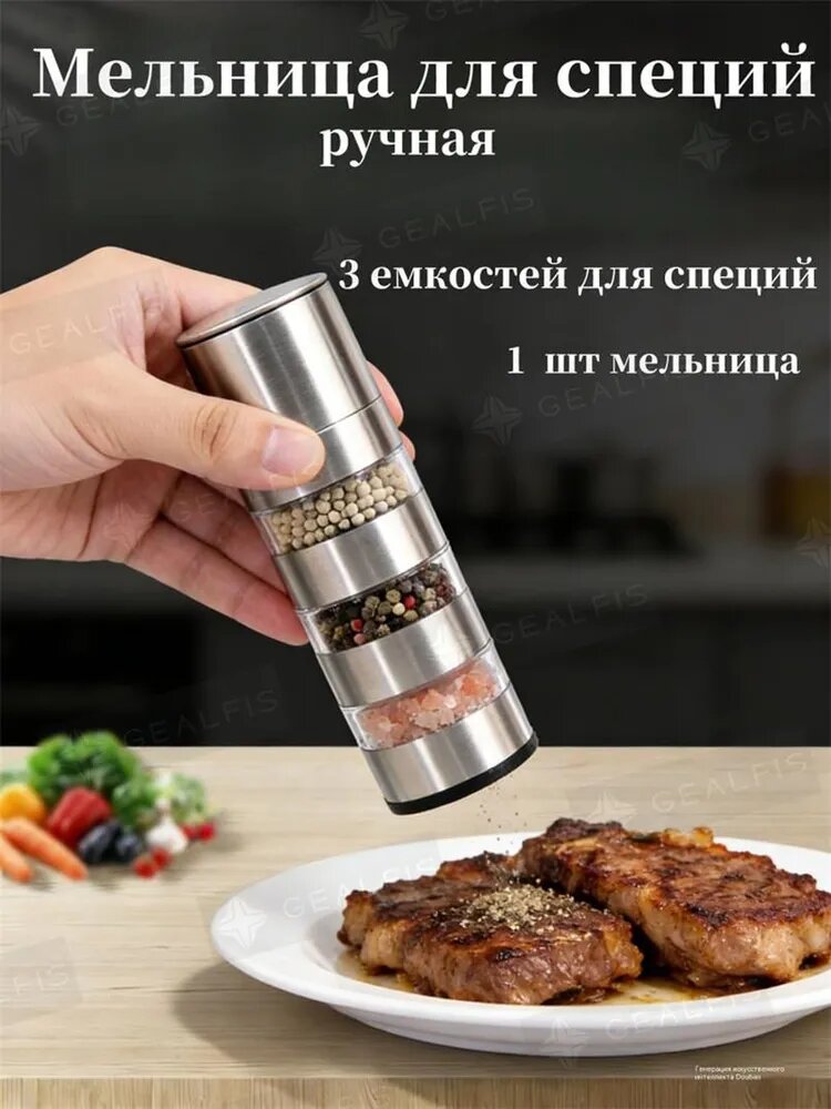 Мельница для специй ручная 15 см, 3 емкостей для специй 1 шт