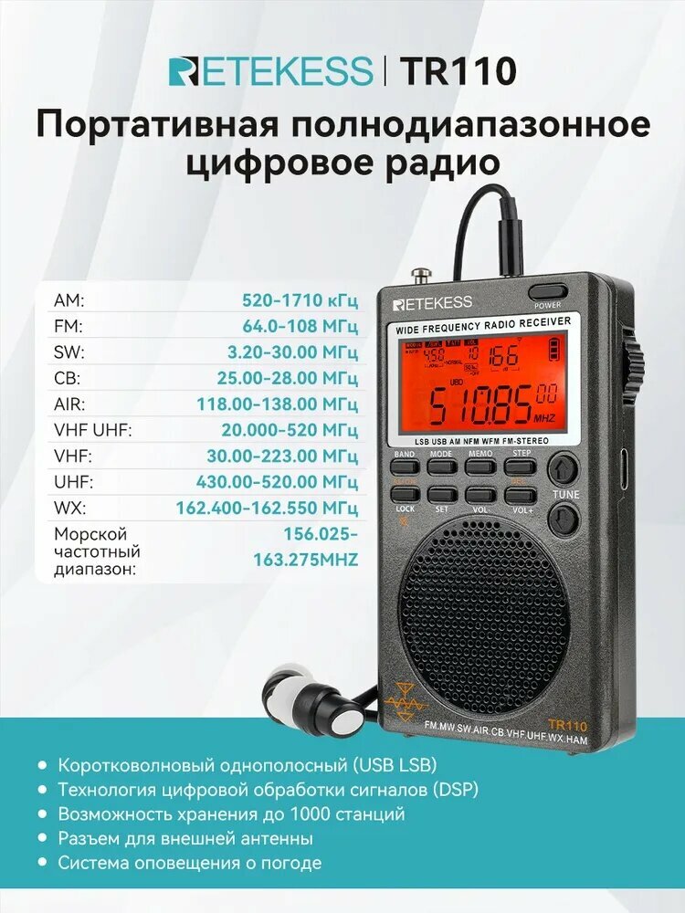 Портативный многополосный радиоприемник RETEKESS TR110 Радио карманное всеволновое цифровое FM/MW/SW/LSB/AIR/CB/VHF/UHF
