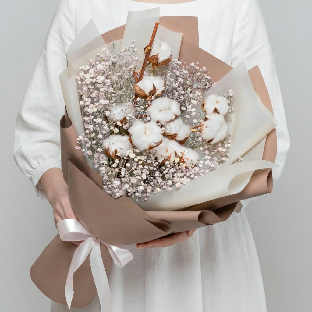 Букет "Хлопок Белый и Розовая Гипсофила" сухоцвет