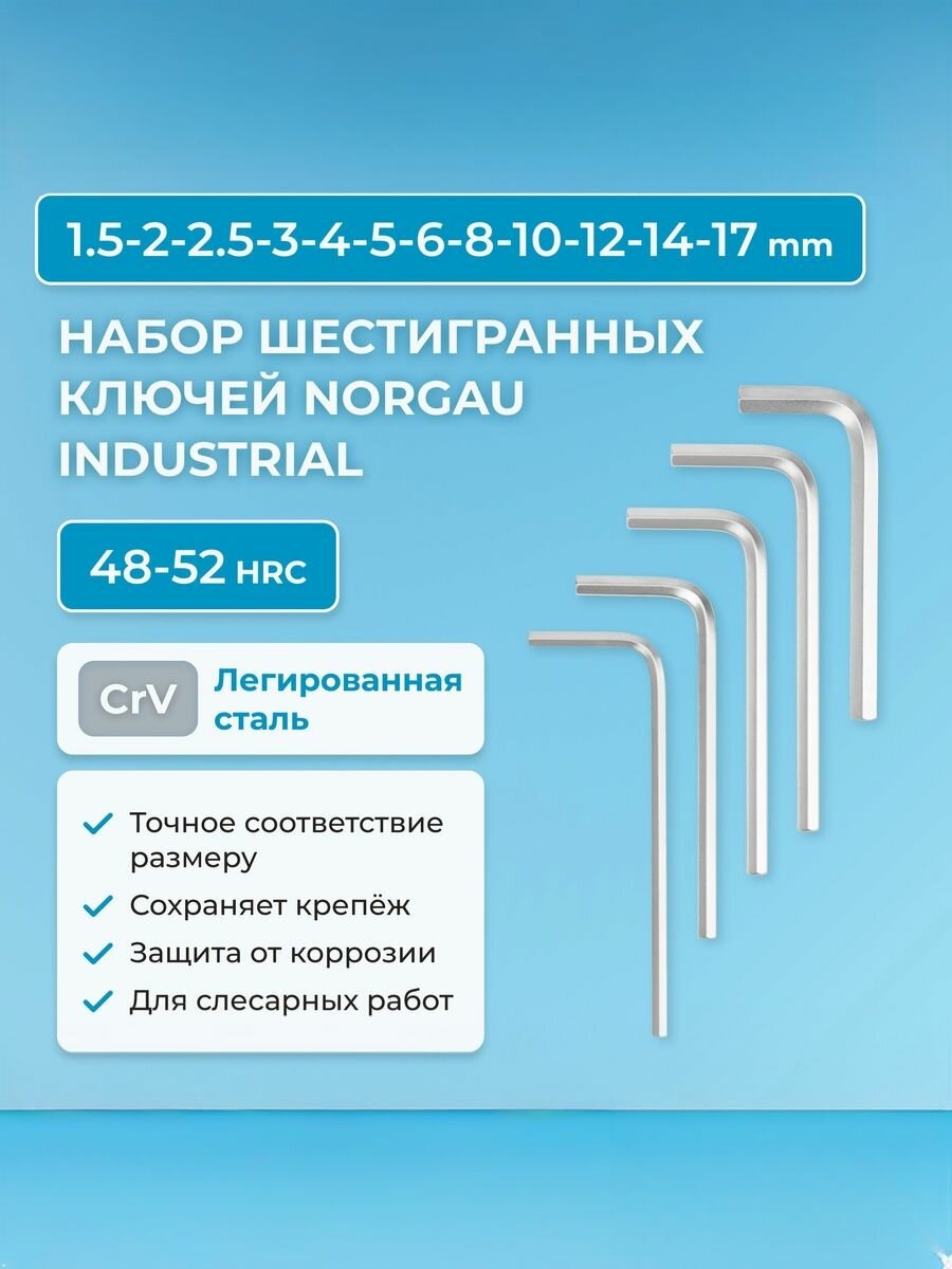Набор шестигранных хромированных ключей 1.5-17мм NORGAU Industrial для винтов с внутренним шестигранником, 12 предметов