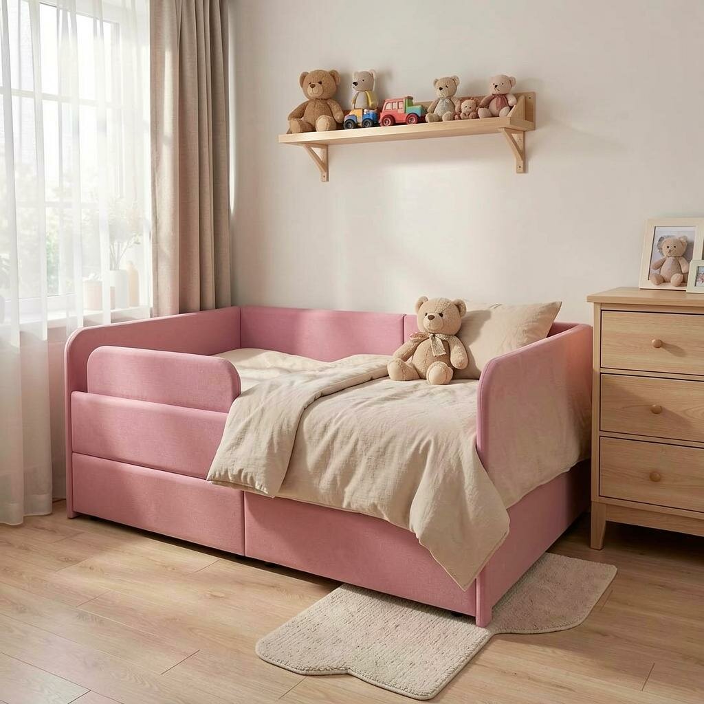 Кровать детская Смайл 140*70 розовая с защитным бортиком, выкатными ящиками, матрас в комплекте