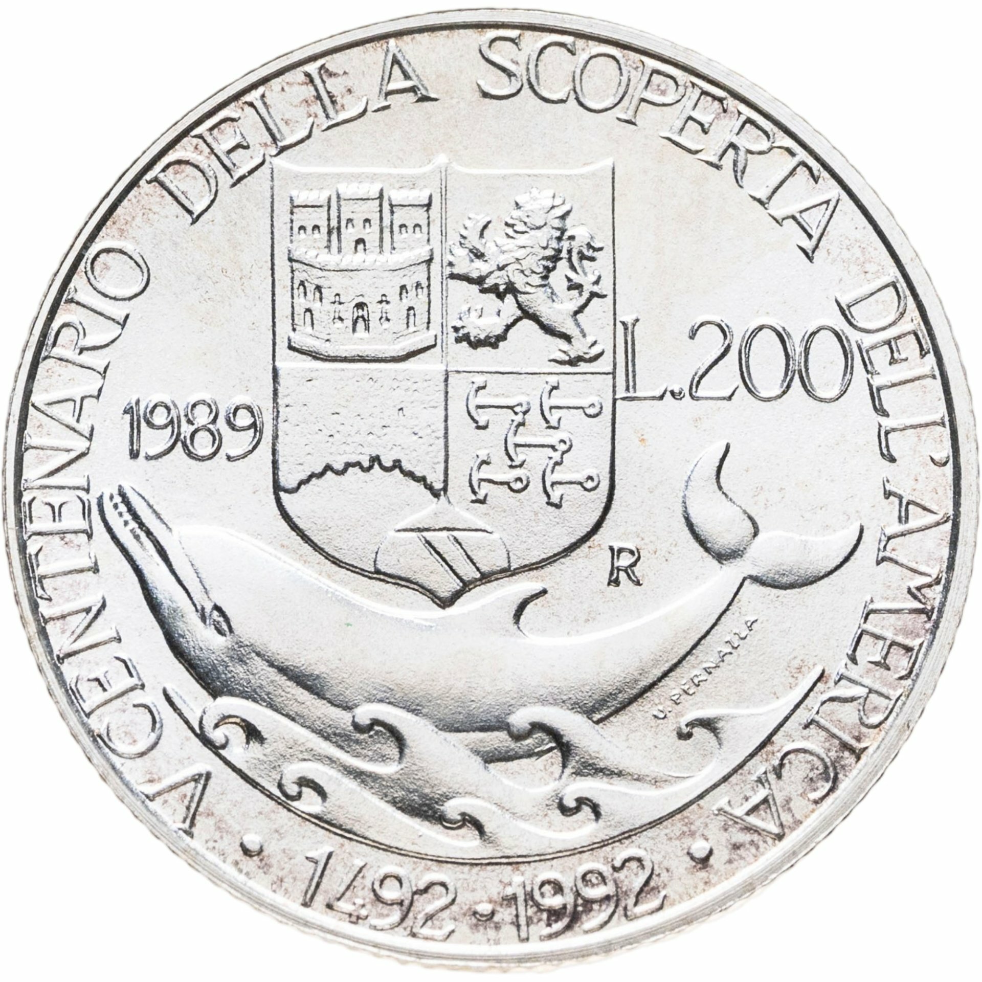 Италия 200 лир 1989 "500 лет открытию Америки", Серебро 835, в сохранности UNC