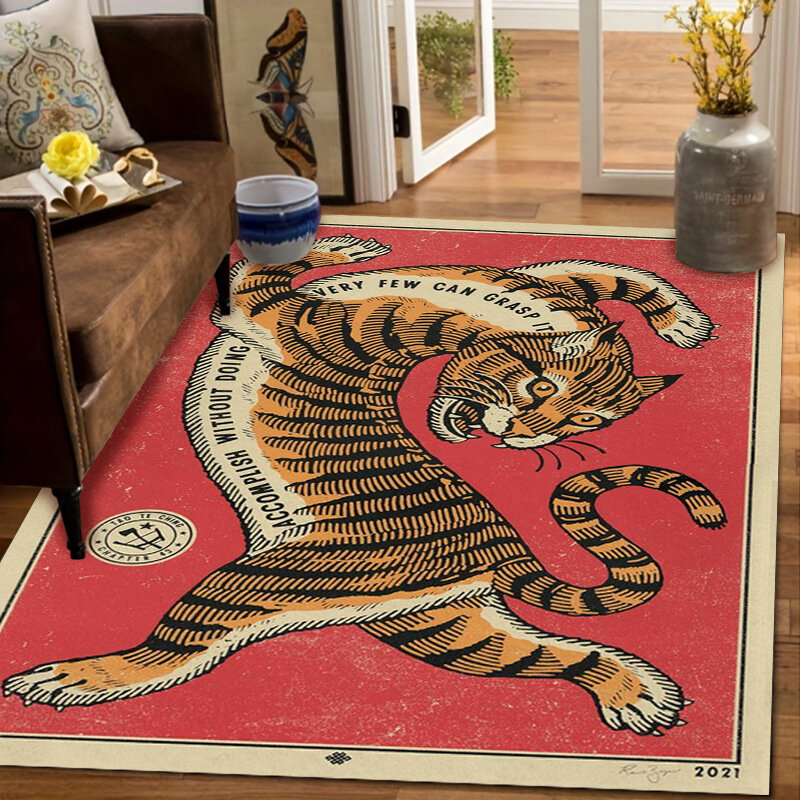 Ковер с рисунком тигра, красный фон, размер 120*160 см, приятная для кожи замша, винтажный дизайн с надписями