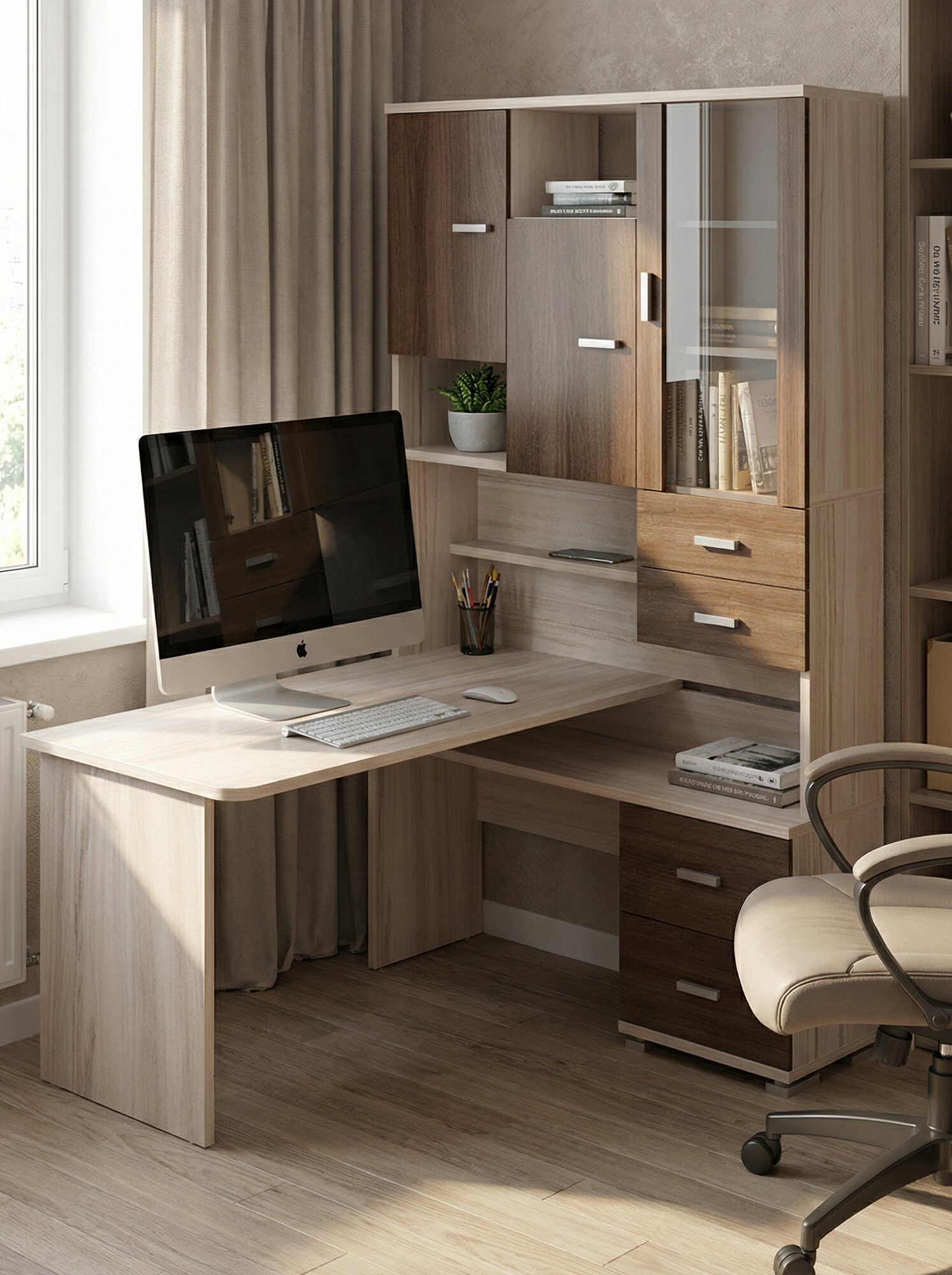 Стол компьютерный Мэрдэс СР-620/140 кшк-прав Карамель/Шамони/Карамель, с полками, с ящиками, угловой, 130х140х216 см