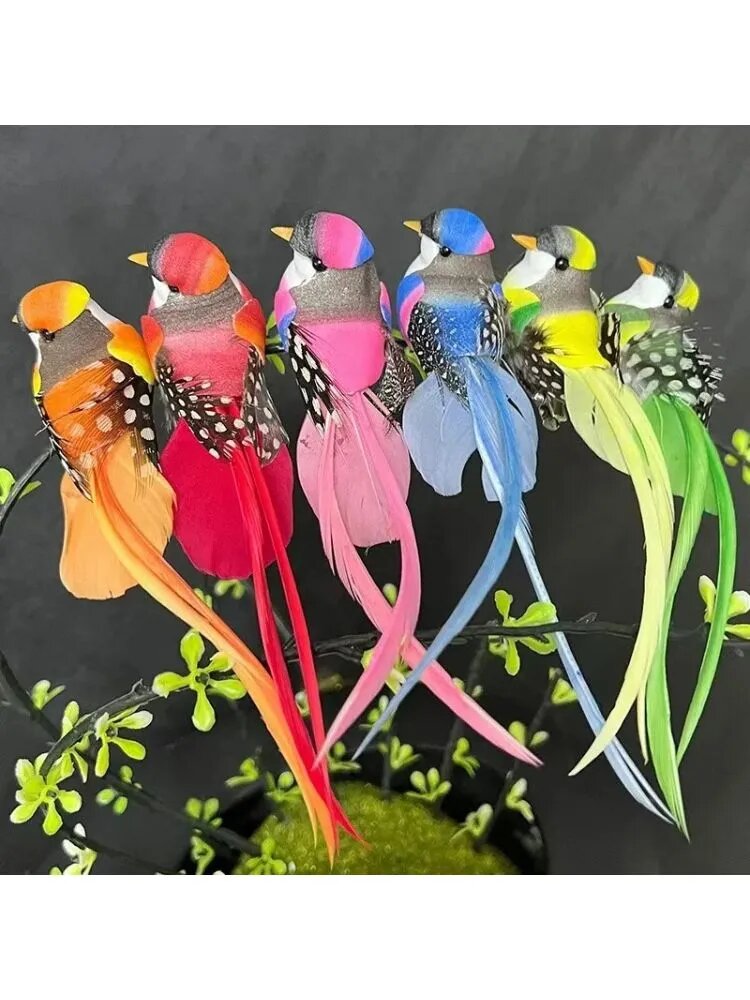 Набор искусственных птиц с перьями 6 штук для декора