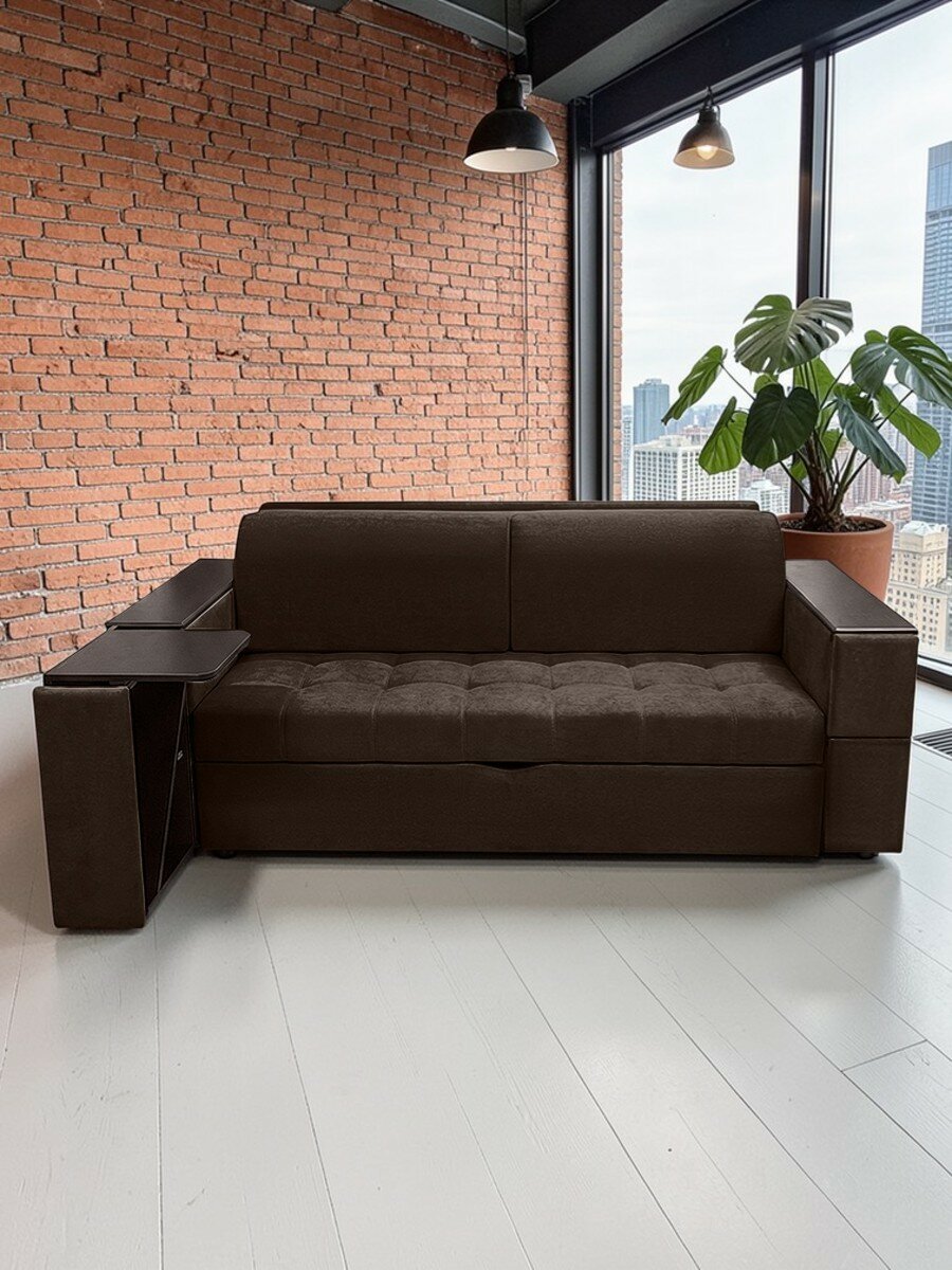 Диван кровать раскладной Айсберг с столом и ящиком на металлокаркасе, темно-коричневый