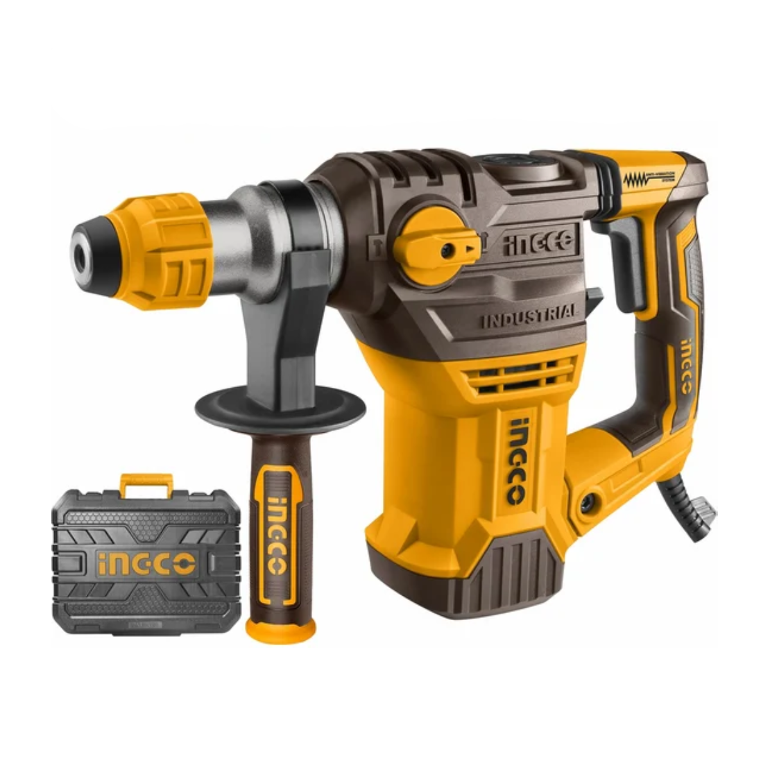 Перфоратор сетевой INGCO RH150028, 1500 Вт, 5.5 Дж, SDS-Plus, 4400 уд/мин, 850 об/мин, желтый