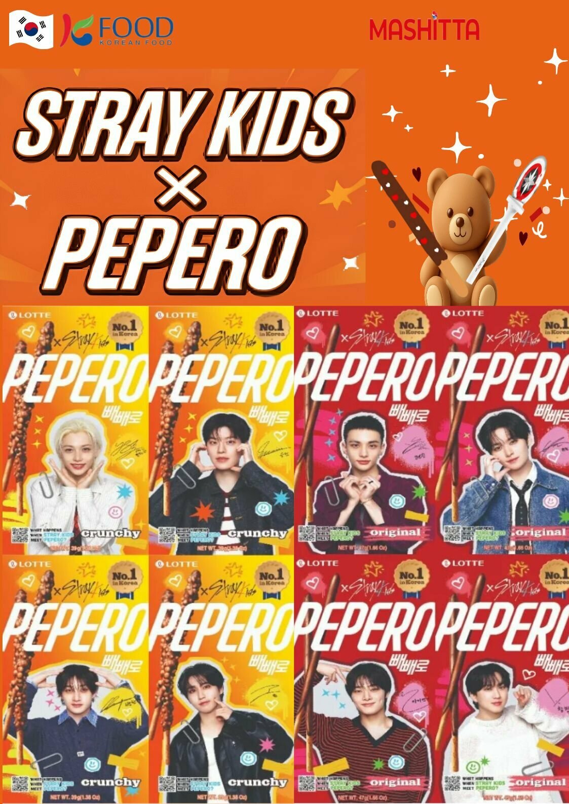 (Stray Kids Edition 8 шт.) Шоколадная соломка Lotte Pepero с воздушным рисом и классический вкус, 8 шт.