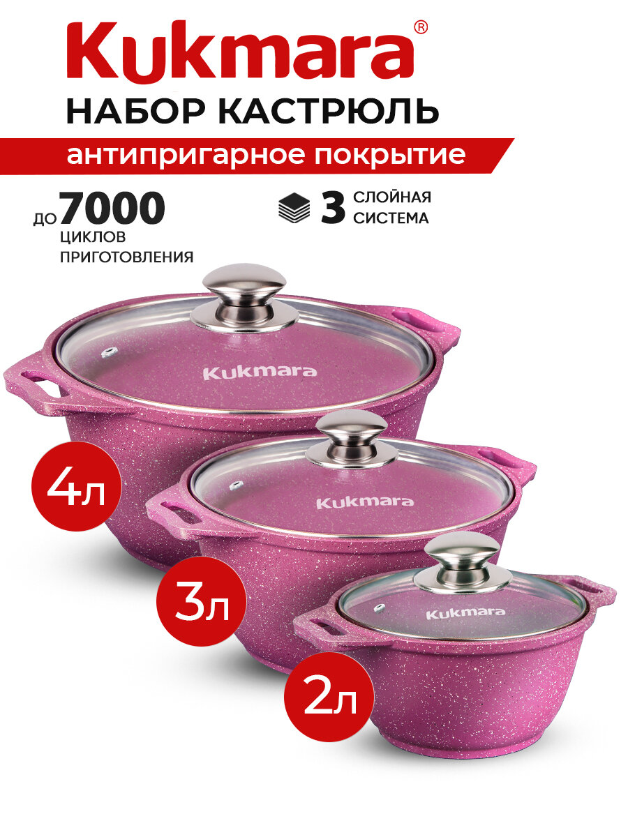 Набор кастрюль 2л 3л 4л розовых KUKMARA антипригарное покрытие со стеклянными крышками