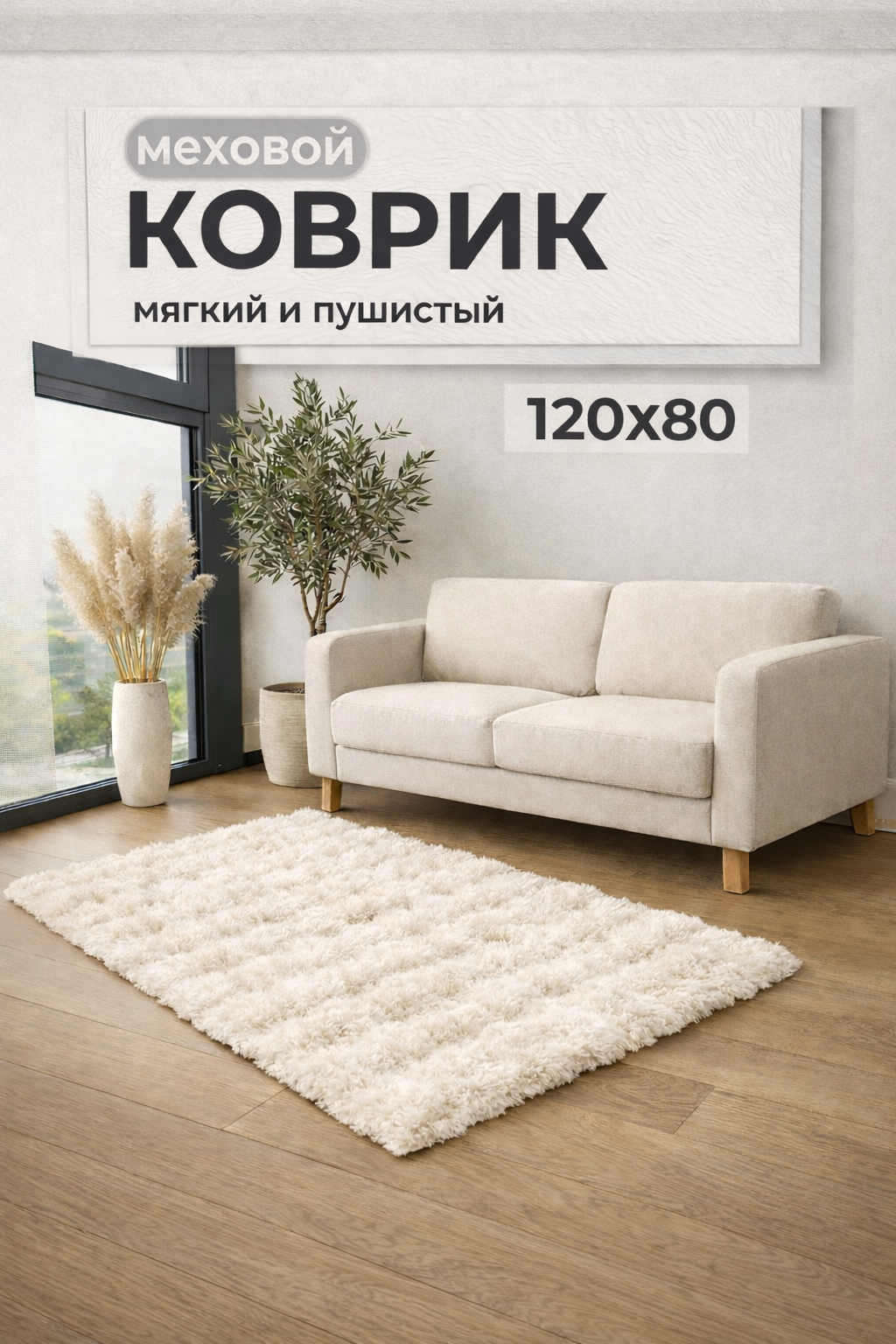 Ковер комнатный пушистый с искусственным ворсом /меховой комнатный напольный ковер/, размер 120x80 см, цвет молочный