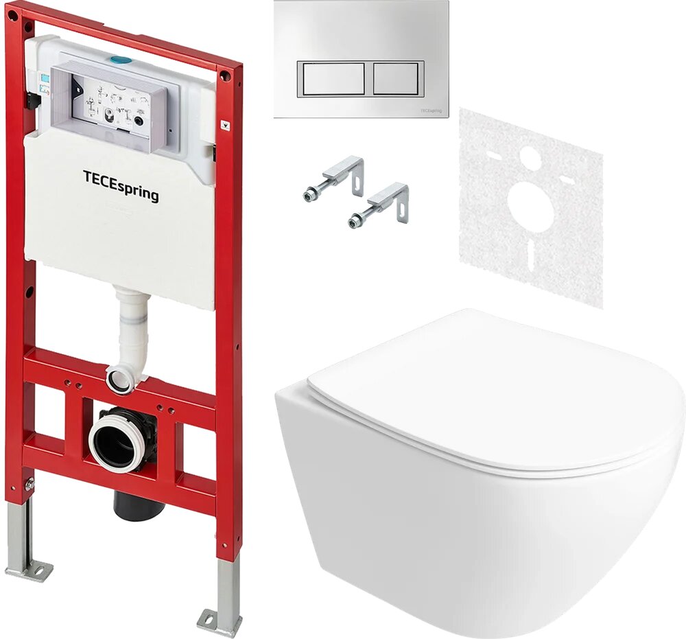 Комплект 5 в 1 Унитаз подвесной STWORKI Кронборг S28401WH / Инсталляция с кнопкой TECE TECEspring S401201 / Крышка-сиденье, Комплект шумоизоляции