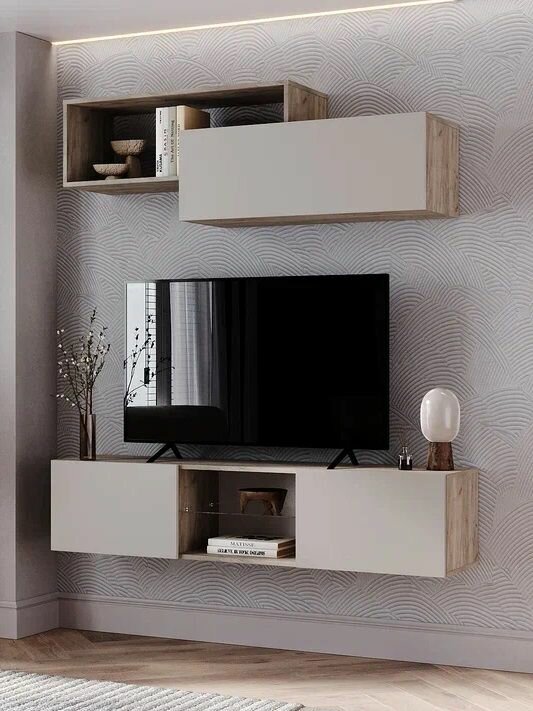 Стенка в гостиную под телевизор Норд, мебель с подвесными секциями для хранения, 150х35х170 см, Дуб крафт серый/Кашемир
