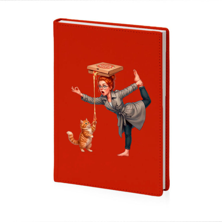 Ежедневник «Смешная девушка йога с пиццей и рыжим котом» (красный)