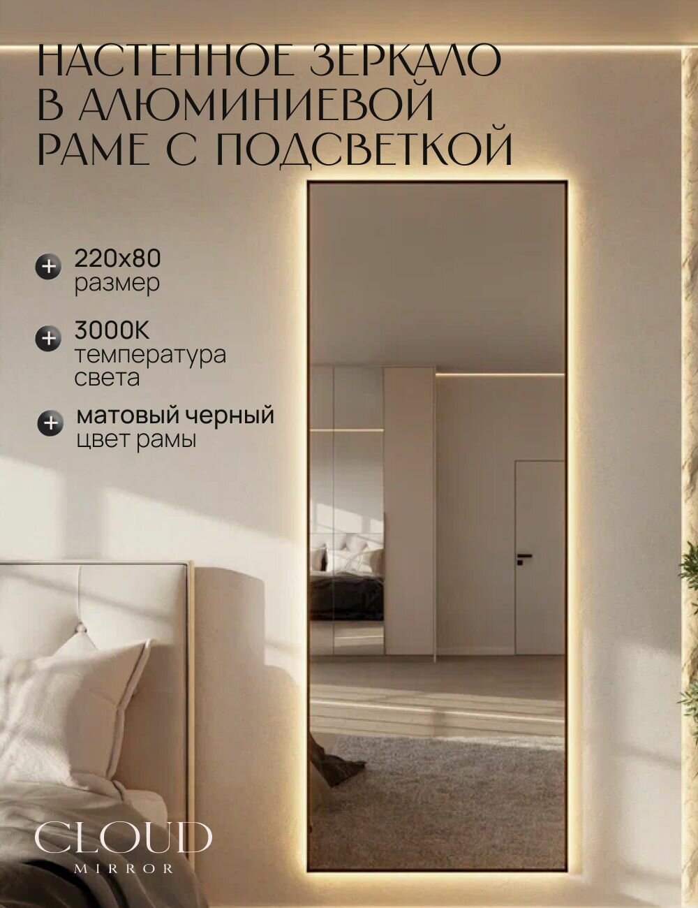 Зеркало 220х80 см. черное с подсветкой. Свет: Теплый белый 3000К. В алюминиевой раме интерьерное настенное CLOUD MIRROR