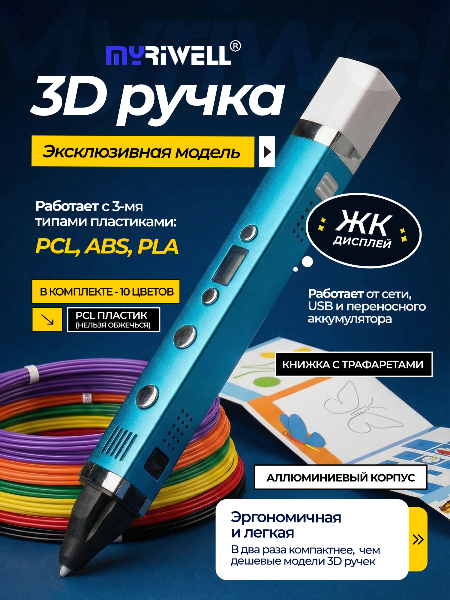 3Д ручки Myriwell 3D ручка Myriwell RP100C с пластиком и трафаретами, версия 2026 с возможностью работы с 3-мя видами пластика (Голубой)