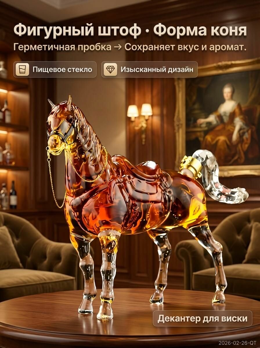 Бутылка стеклянная Конь герметичная для виски, бренди и коньяка