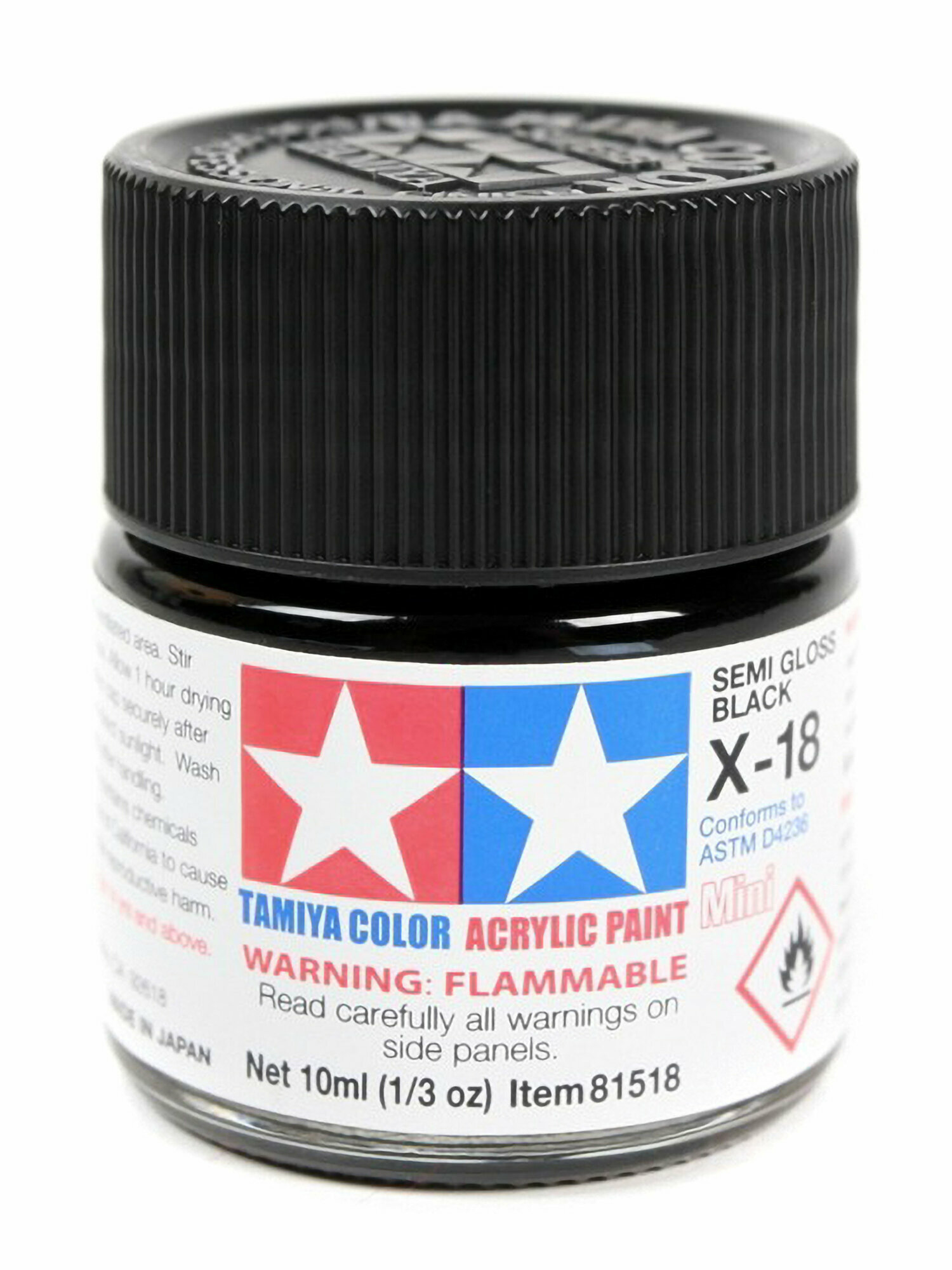 Краска акриловая Tamiya Color X-18 Black 81518 черная полуглянцевая, 10 мл