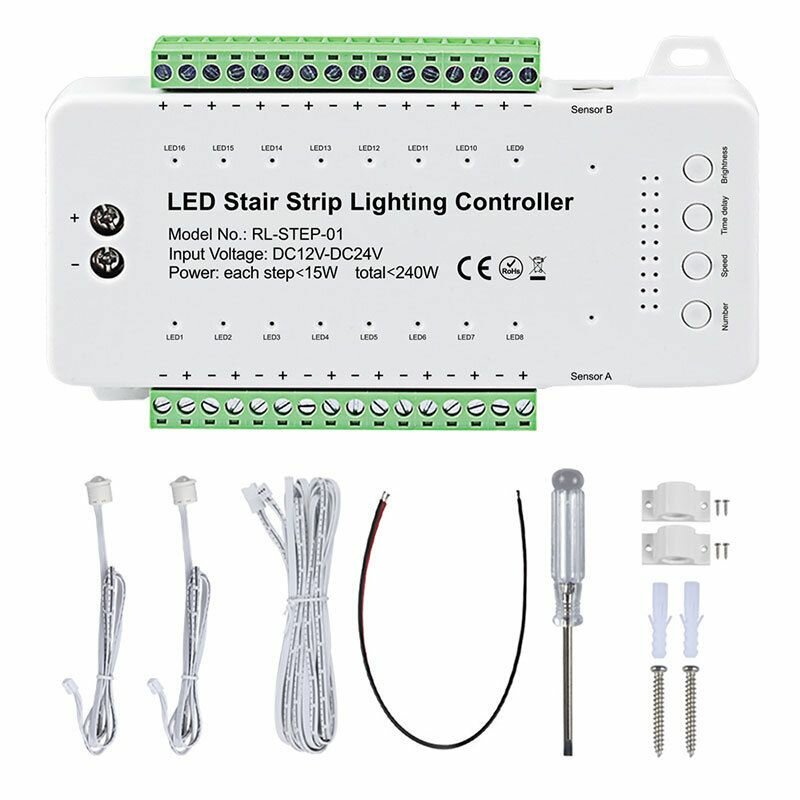 16 ступеней Led Stair Light Контроллер лестницы, с 2 датчиками движения PIR, для гибкой светодиодной ленты COB
