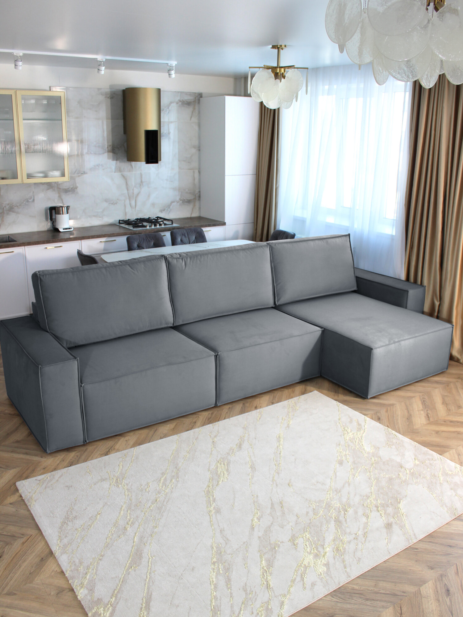 Диван-кровать угловой Конер серый, правый угол, Еврокнижка, 350х155х65 см