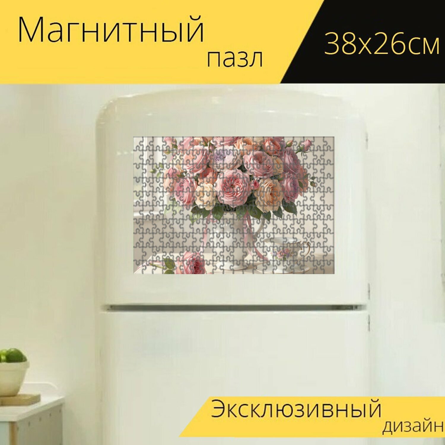 Магнитный пазл "Пастельные розы в белой вазе. Нежная флористическая композиция в пастельных оттенках: пышные цветы, зеленая листва, фарфоровая чашка на." для интерьера, 38х26 см.