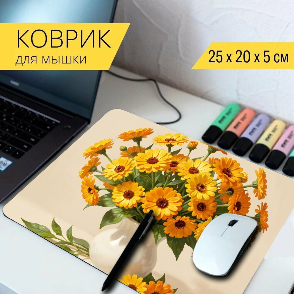 Коврик для мыши с принтом "Жёлтые и оранжевые цветы в вазе. Нежная цветочная композиция в светлой керамической посуде: яркие герберы с зелёной листвой, тёплые оттенки." 25x20см.