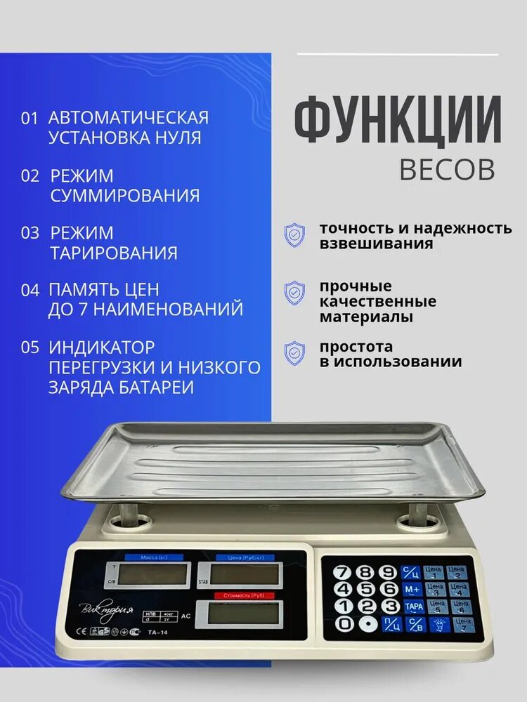 Электронные торговые весы Виктория 40 кг, нержавеющая сталь, настольные, от сети и аккумулятора — фото 1