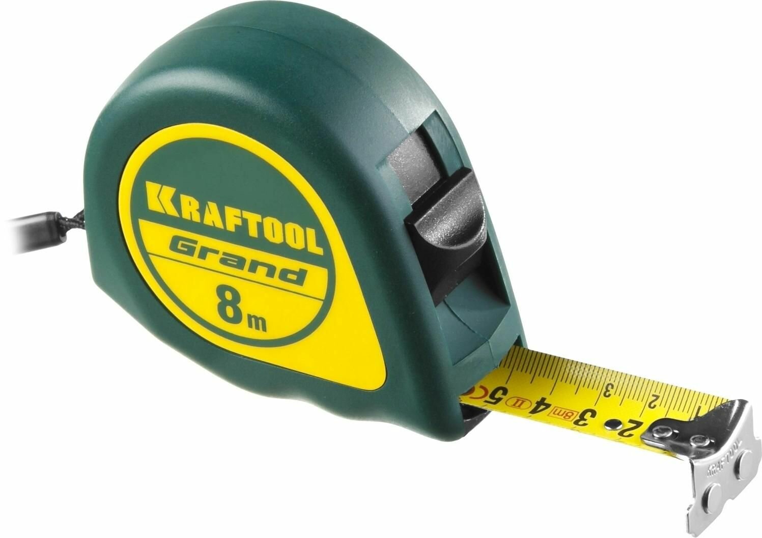 Рулетка строительная KRAFTOOL Grand, длина полотна 8 м, измерительная шкала в см, зацеп простой, зеленый (34022-08-25)