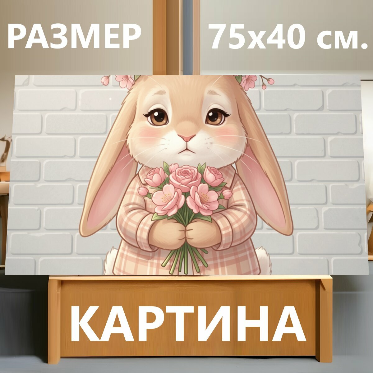 Картина на холсте "Зайчонок с букетом цветов. Милый пушистый кролик в нежной пастельной гамме, с венком из розовых цветов и букетом в лапках." на подрамнике 75х40 см. для интерьера
