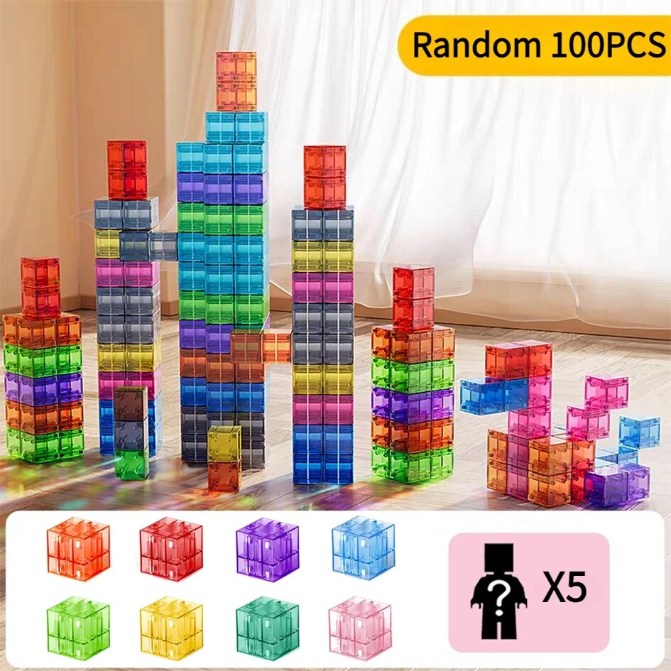Магнитные кубики строительные 100PCS, прозрачные, 5 DOLL