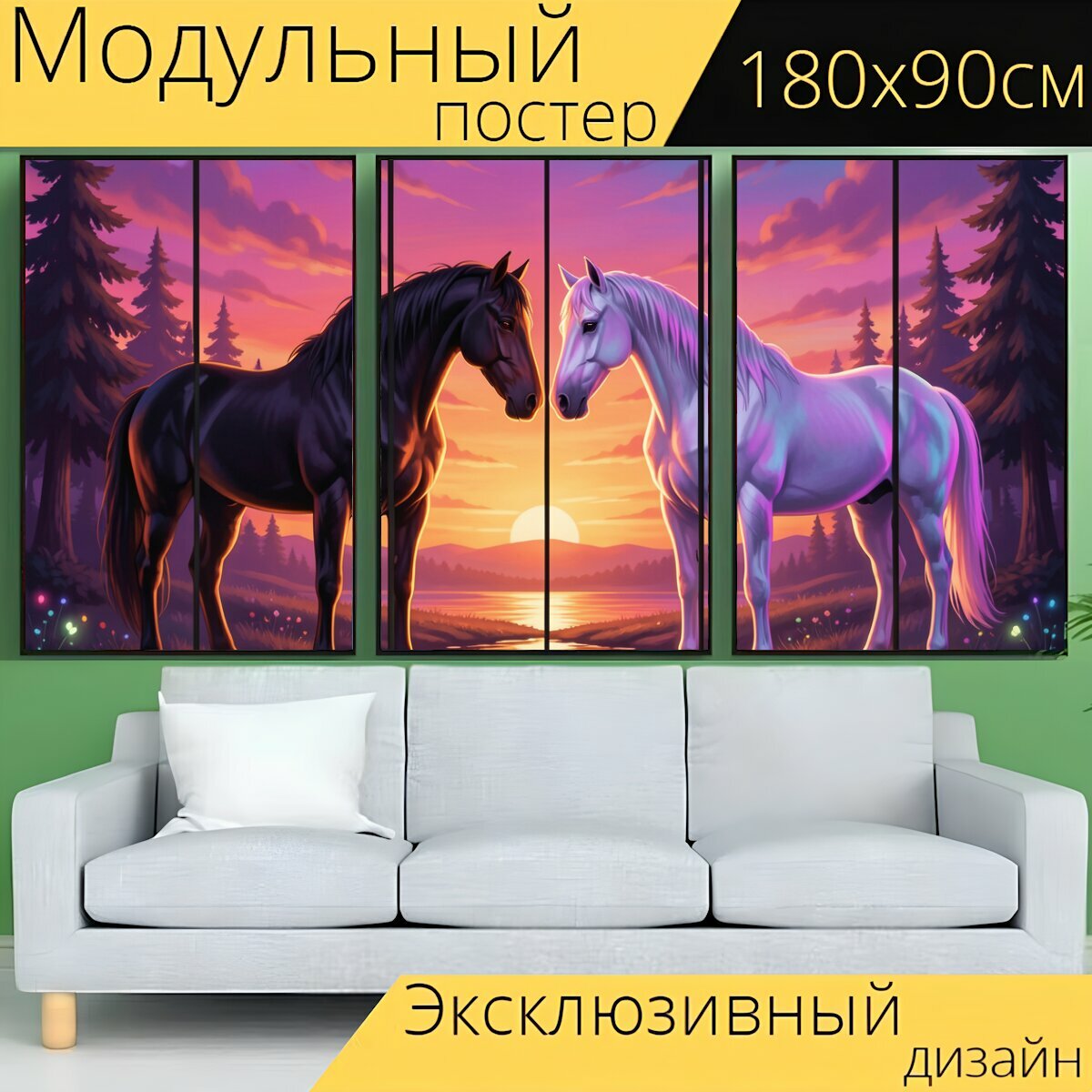 Модульный постер "Два лошади на закате. Фэнтезийная композиция с двумя грациозными конями у воды на фоне сияющего вечернего неба, леса." 180 x 90 см. для интерьера на стену в тубусе