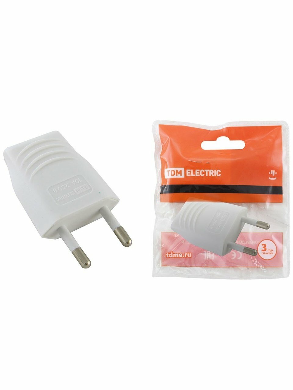 Вилка прямая TDM Electric SQ1806-0089, 10 А, 250 В, без заземления, евровилка CEE 7/16, белая