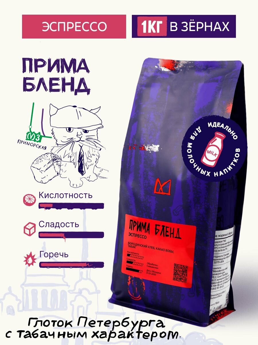 Кофе в зернах Прима бленд 1кг, обжарка под эспрессо
