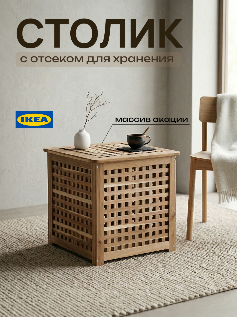 Столик журнальный IKEA HOL 701.613.20, с отсеком хранения, 50х50 см, бежевый