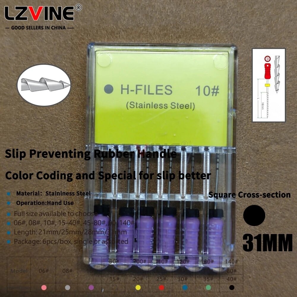 Стоматологические файлы H-Files 10#, 6 шт, сталь, цвет H-File-31MM-10